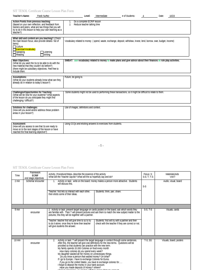 Lesson Plan Week 2, Session 2 | PDF | Money | Teachers