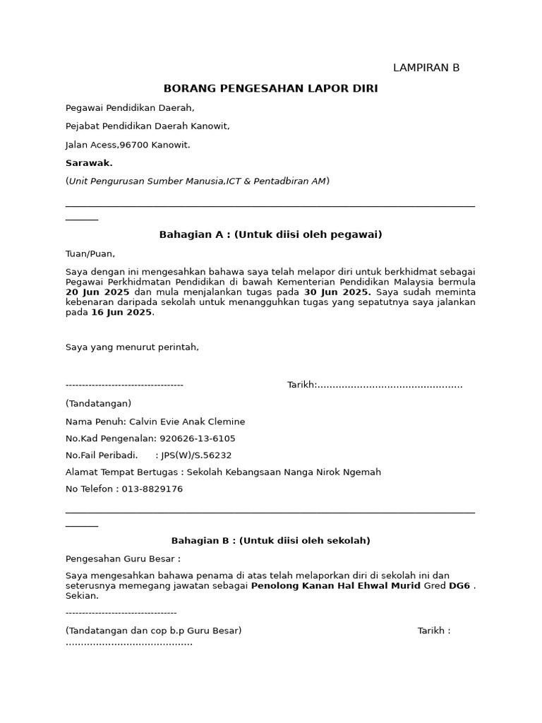 Surat Pengesahan Lapor Diri | PDF