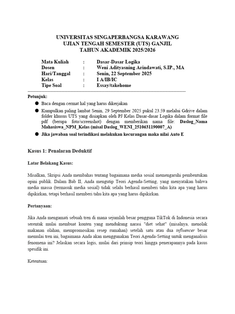 UTS Dasar-Dasar Logika 2025/2026 | PDF