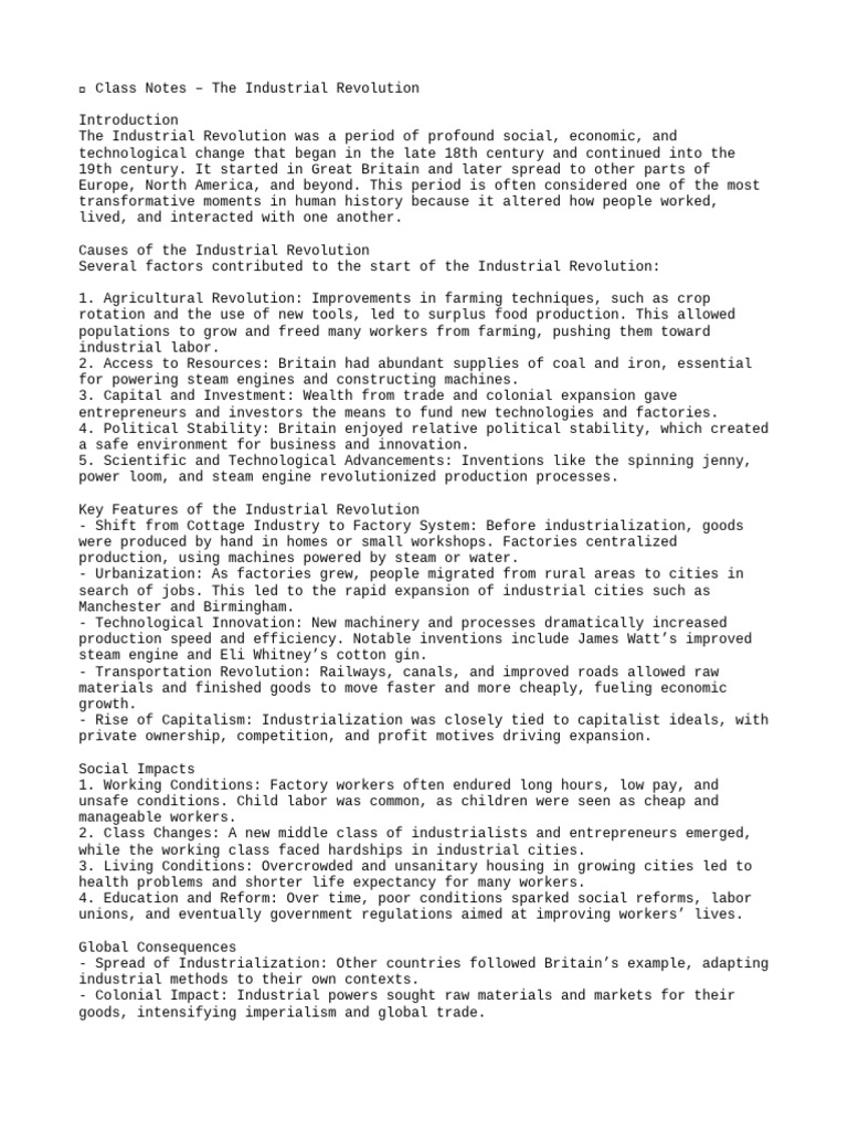 Class Notes Industrial Revolution | PDF | Industrial Revolution | Factory