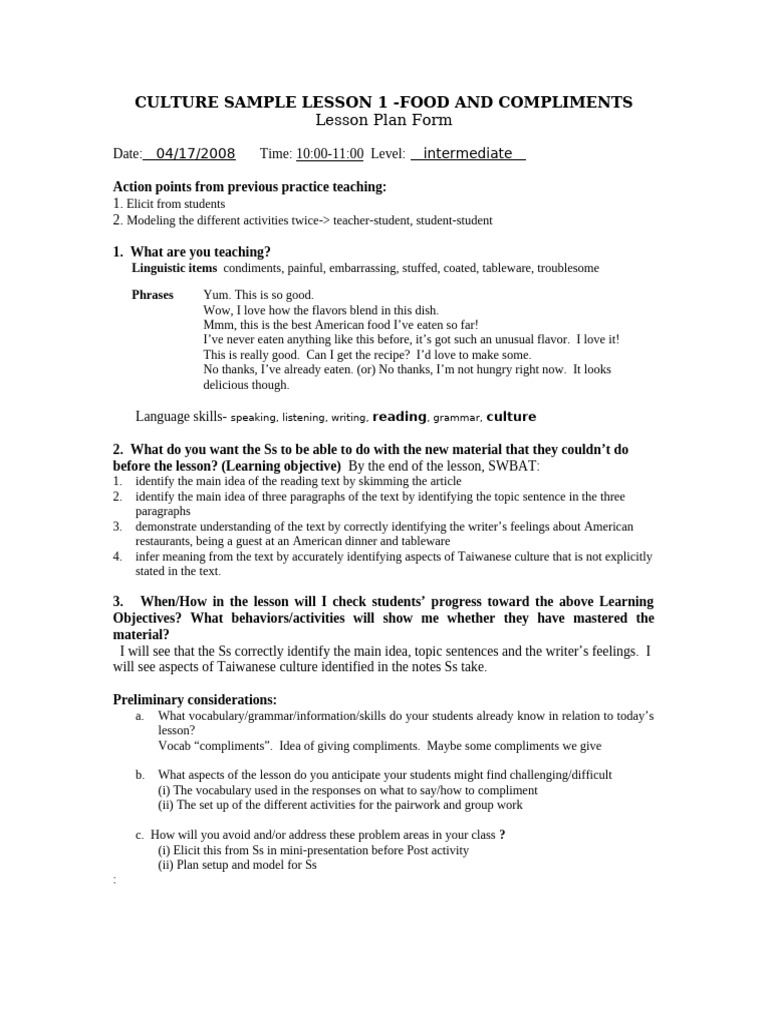 Culture Food and Compliments Lesson | PDF | Vocabulary | Linguistics