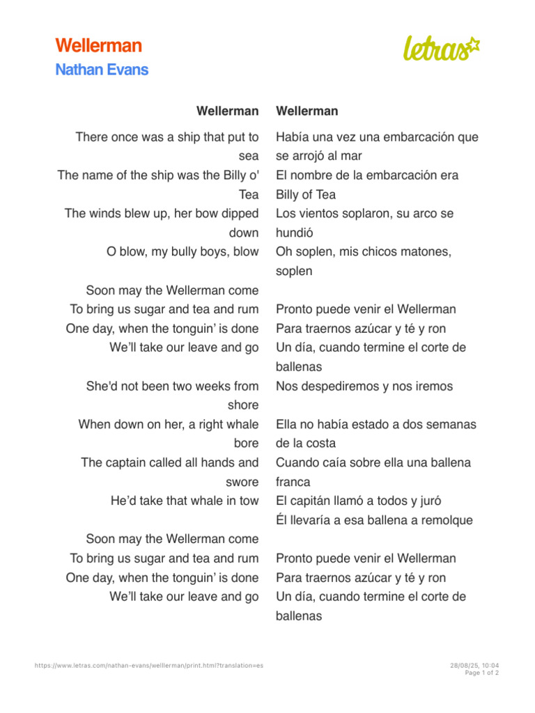Letra de "Wellerman" de Nathan Evans | PDF