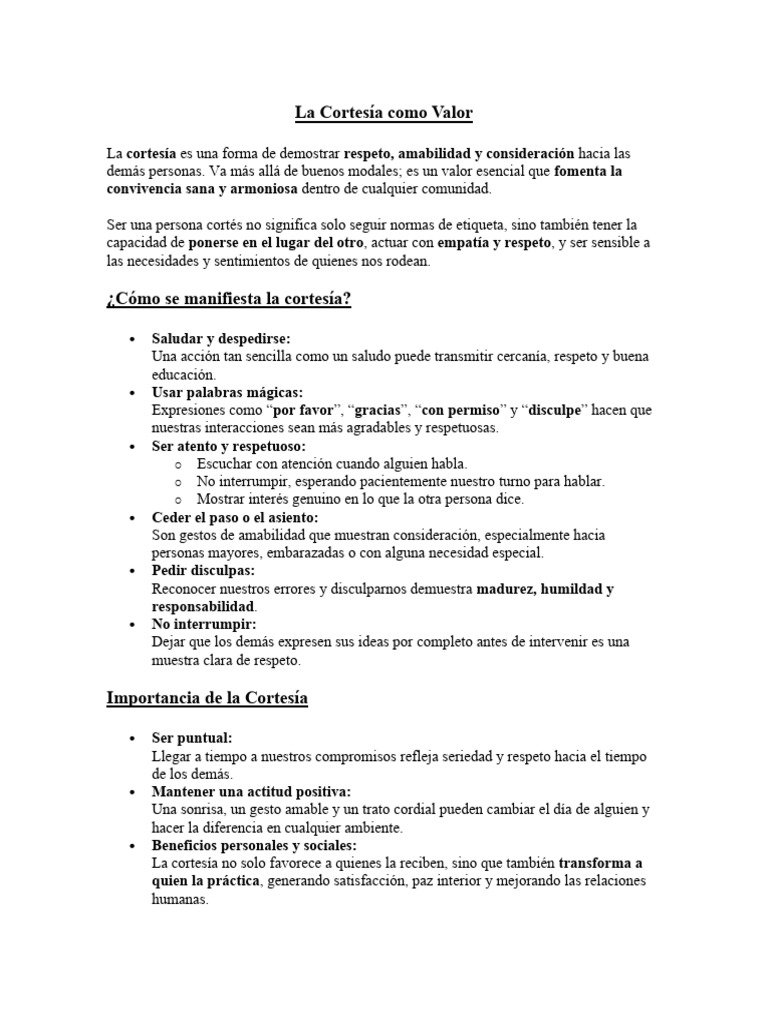 La Cortesía como Valor Esencial | PDF | Etiqueta | Psicología Social