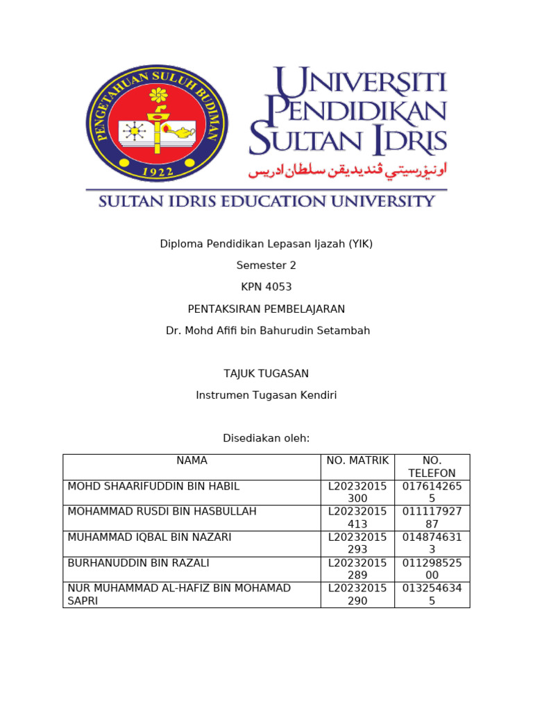 Instrumen Tugasan Kendiri | PDF