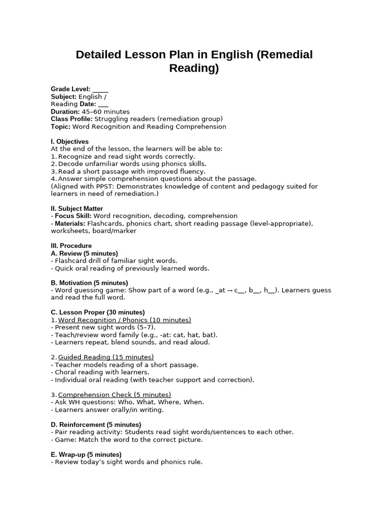 Remedial Reading Lesson Plan | PDF