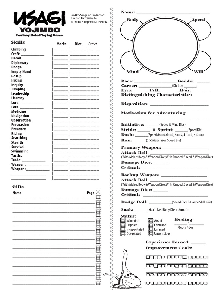 Sanguine Productions Usagi Yojimbo Fillable Character Sheet | PDF ...