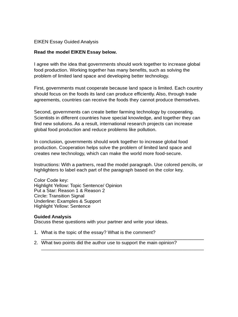 EIKEN Essay Guided Analysis | PDF
