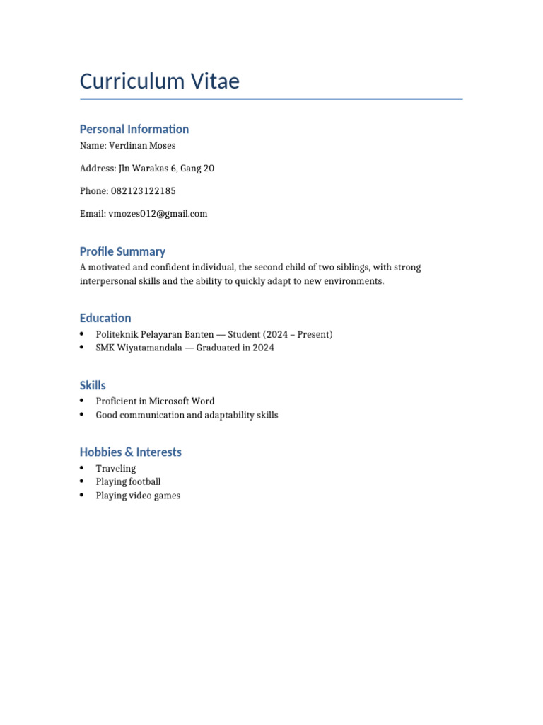 Verdinan Moses Curriculum Vitae | PDF