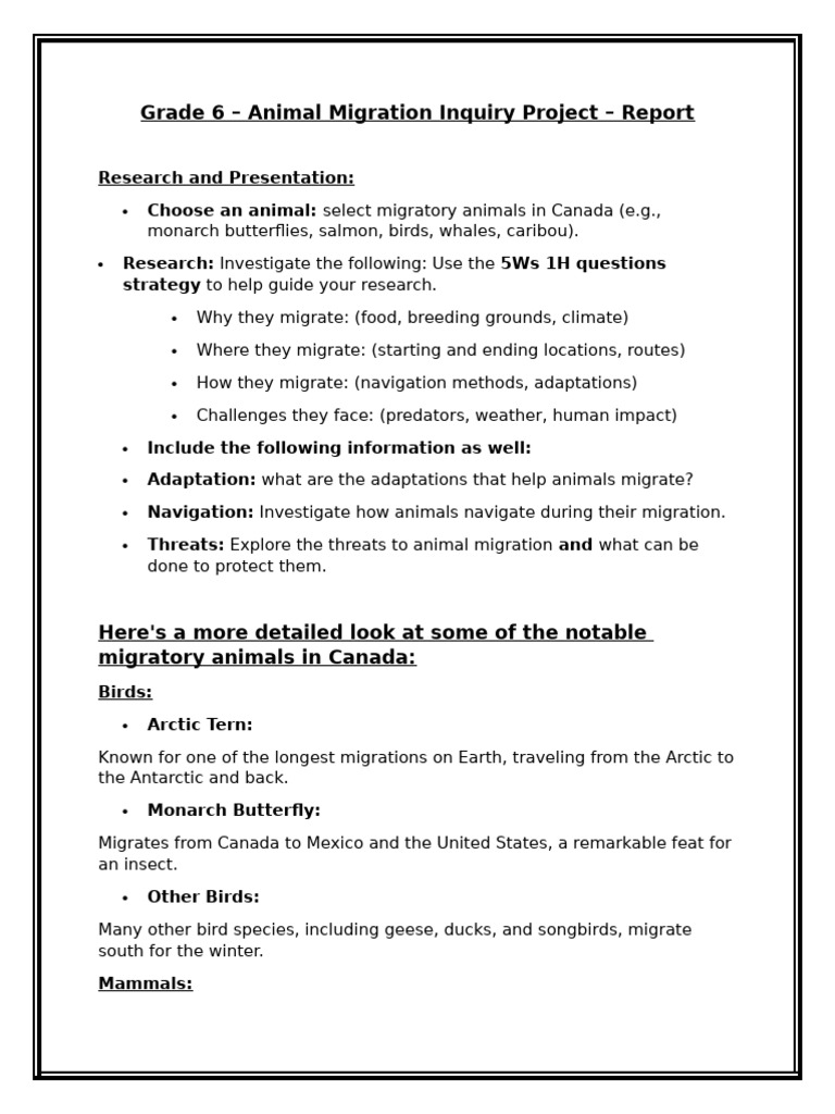 Grade 6 Animal Migration Project Report | PDF