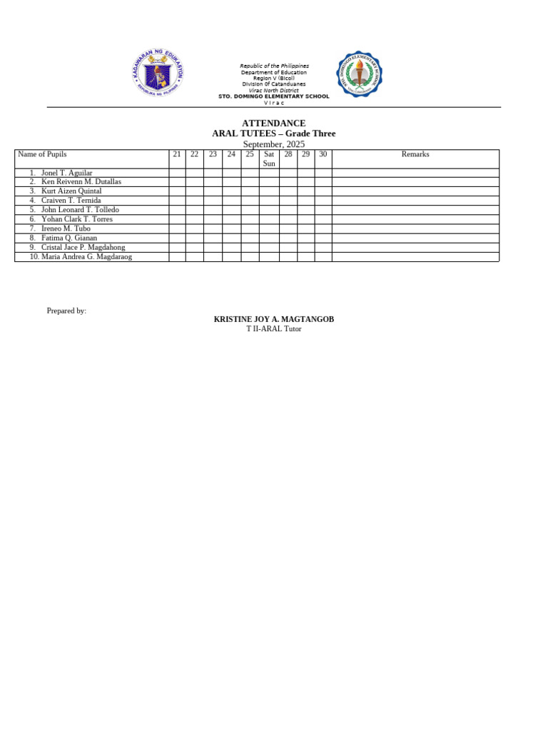 Aral Program Attendance Sheet - Grade 3 | PDF