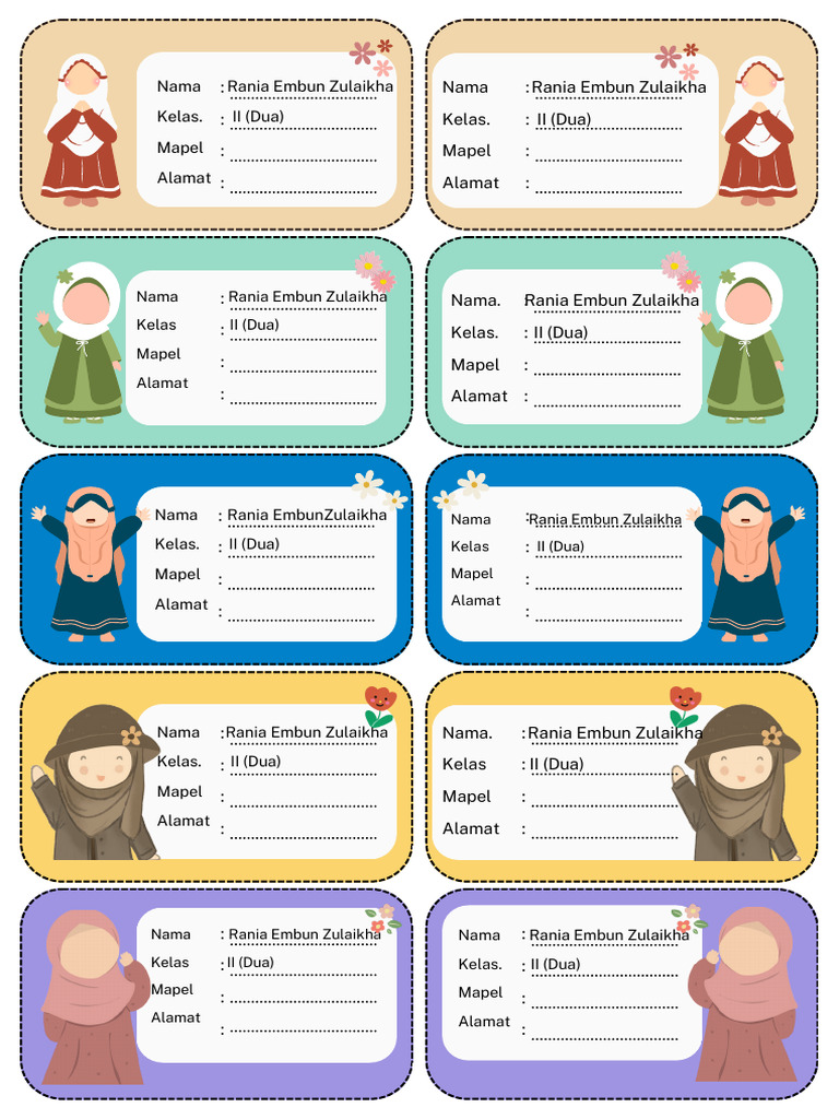 Warna Warni Lucu Simpel Ceria Label Nama Sekolah Anak Dokumen A4 | PDF