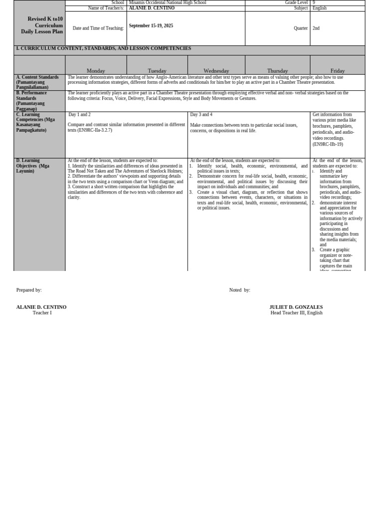 Grade 9 English Lesson Plan Guide | PDF | Curriculum | Pedagogy
