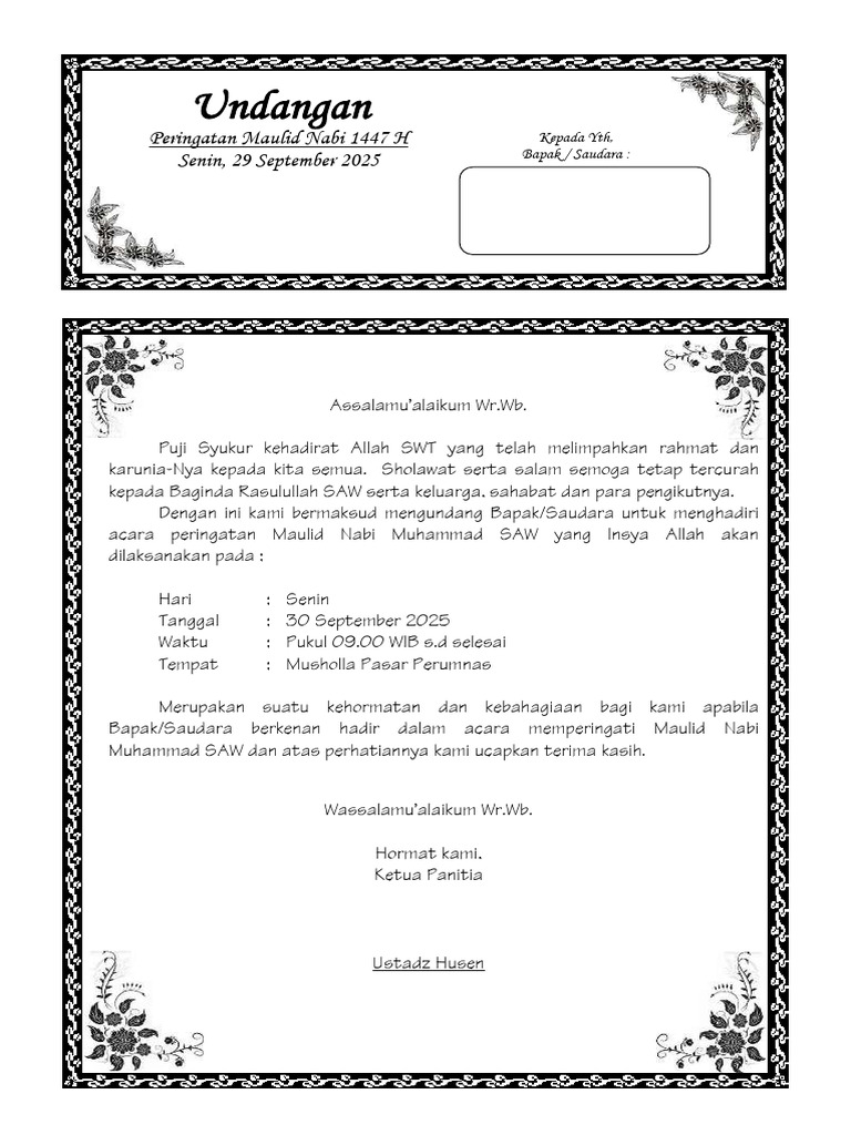 Surat Undangan Maulid Nabi Pasar Perumnas | PDF
