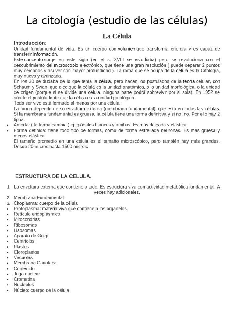 Introducción a la Citología Celular | PDF | Biología Celular) | Nucleo ...