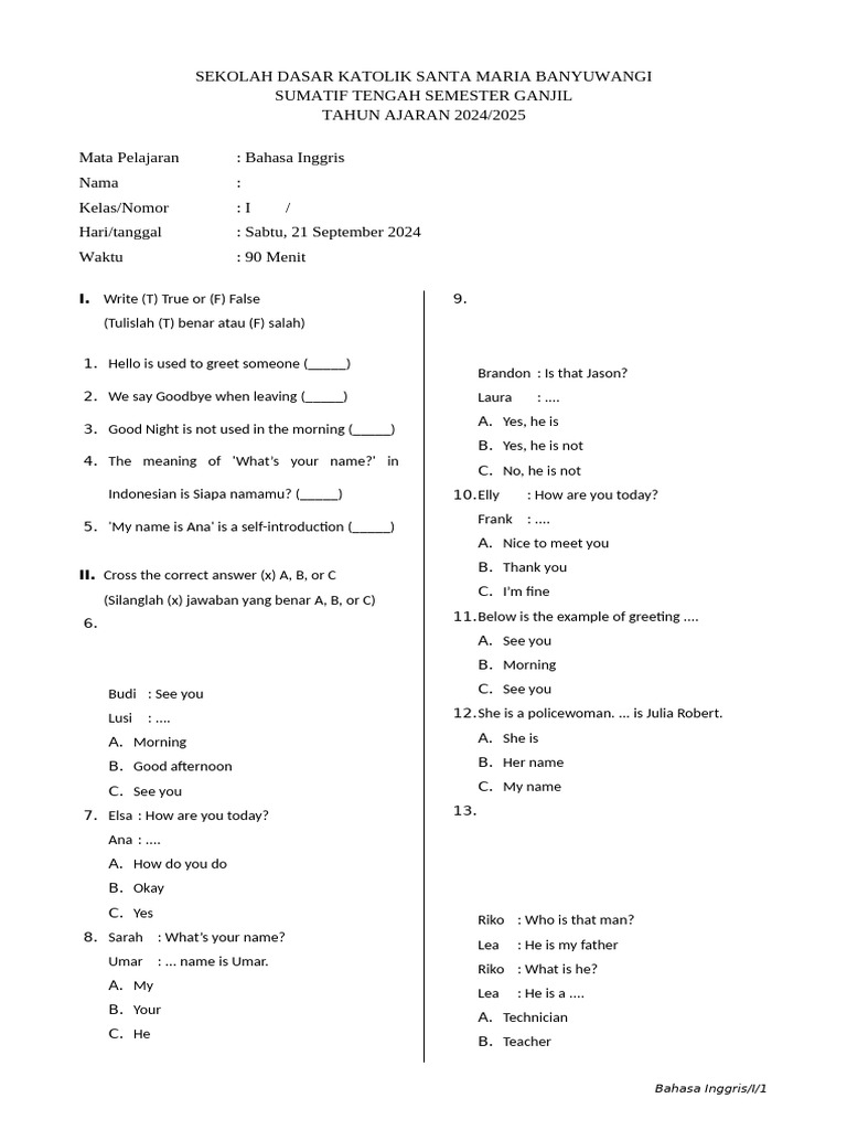 Sts Ganjil Bahasa Inggris Kelas 1 Variasi | PDF | Chess Theory | Chess