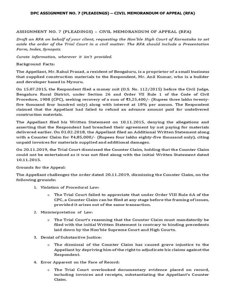 Assignment 7 (P) - Civil Memo of Appeal (RFA) - Question | PDF ...