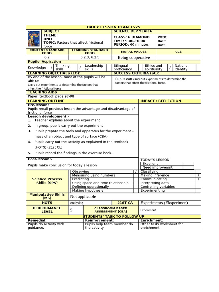 Year 6 Science Lesson Plan on Friction | PDF | Force | Experiment
