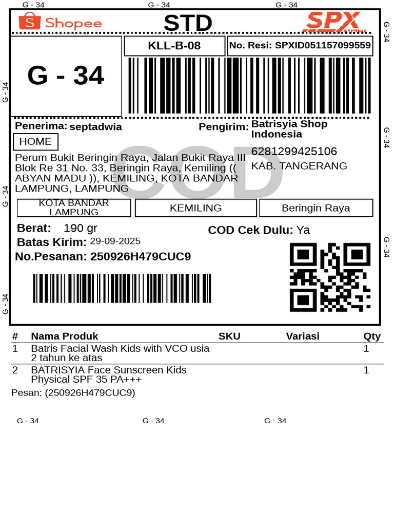 KLL-B-08: Batrisyia Shop Indonesia Penerima: Septadwia Pengirim | PDF