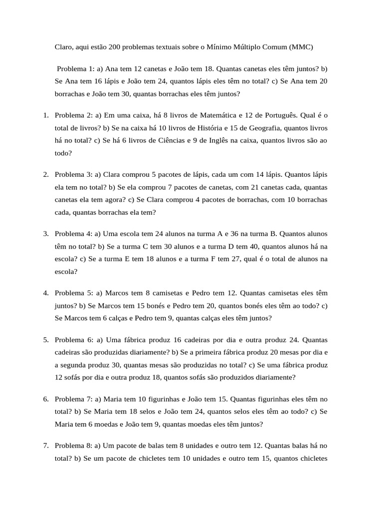 200 Problemas de MMC para Praticar | PDF | Padaria | Circo