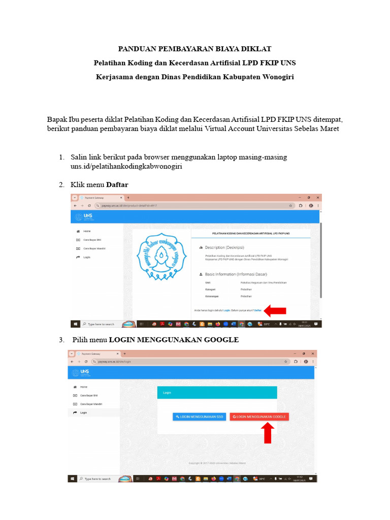 Panduan Pembayaran Biaya Diklat Kka-Peserta Wonogiri | PDF