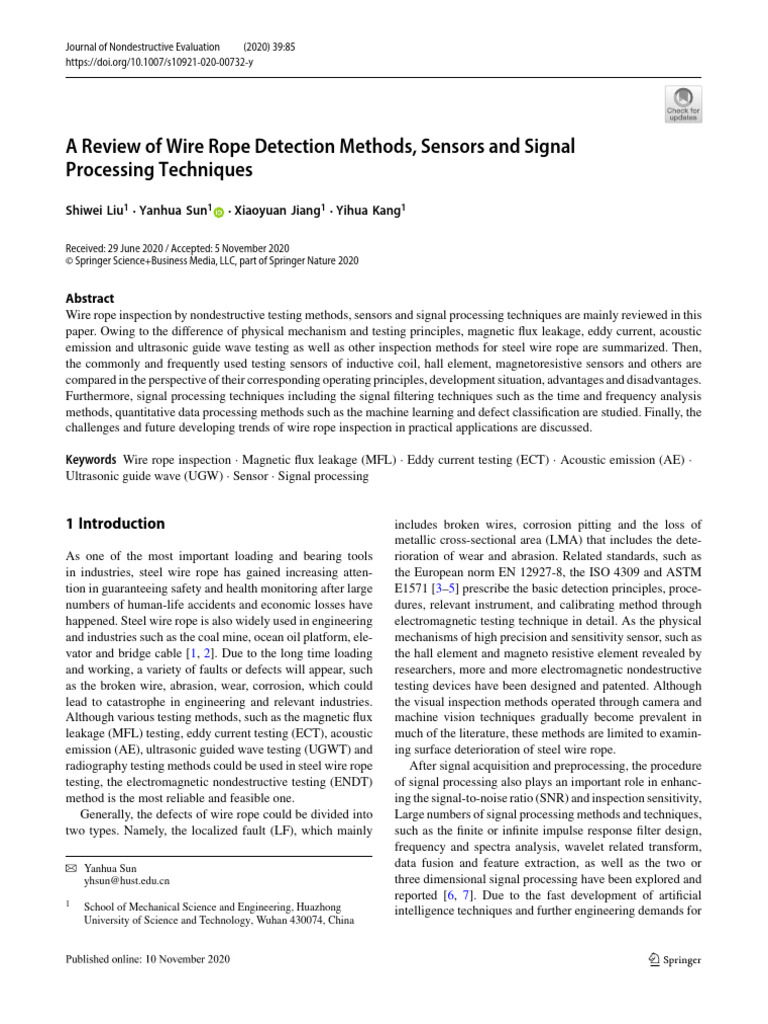 A Review of Wire Rope Detection Methods, Sensors and Signal Processing Techniques | PDF ...