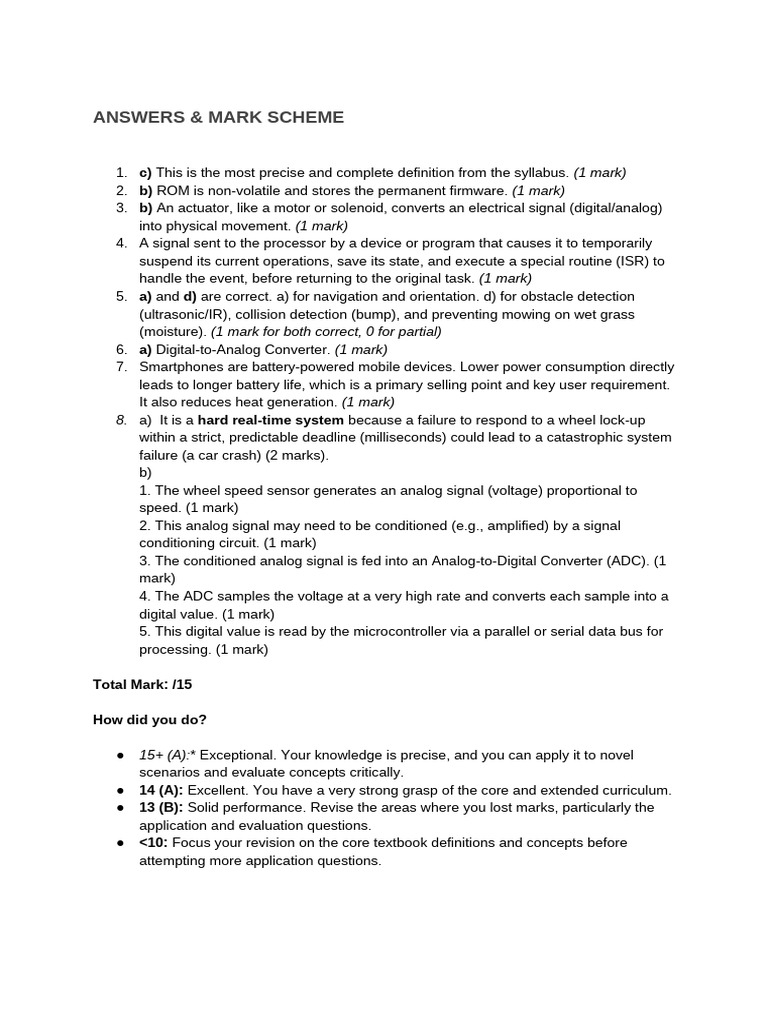 3.3 Embedded Systems and Sensors - Mark Scheme | PDF