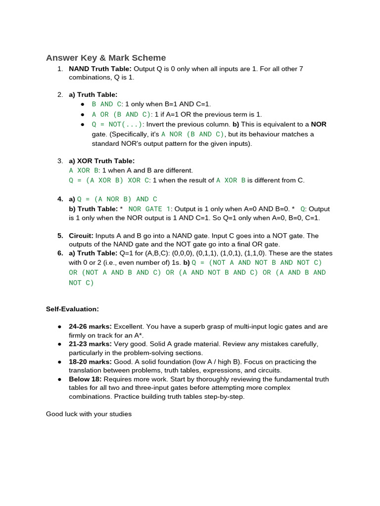 3.6 Multi Input Logic Gates - Mark Scheme | PDF