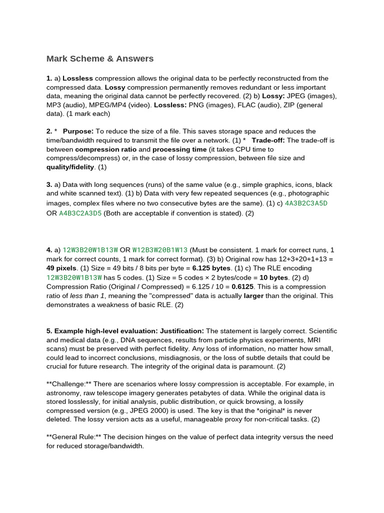 1.9 File Compression - Mark Scheme | PDF | Data Compression | Videotelephony