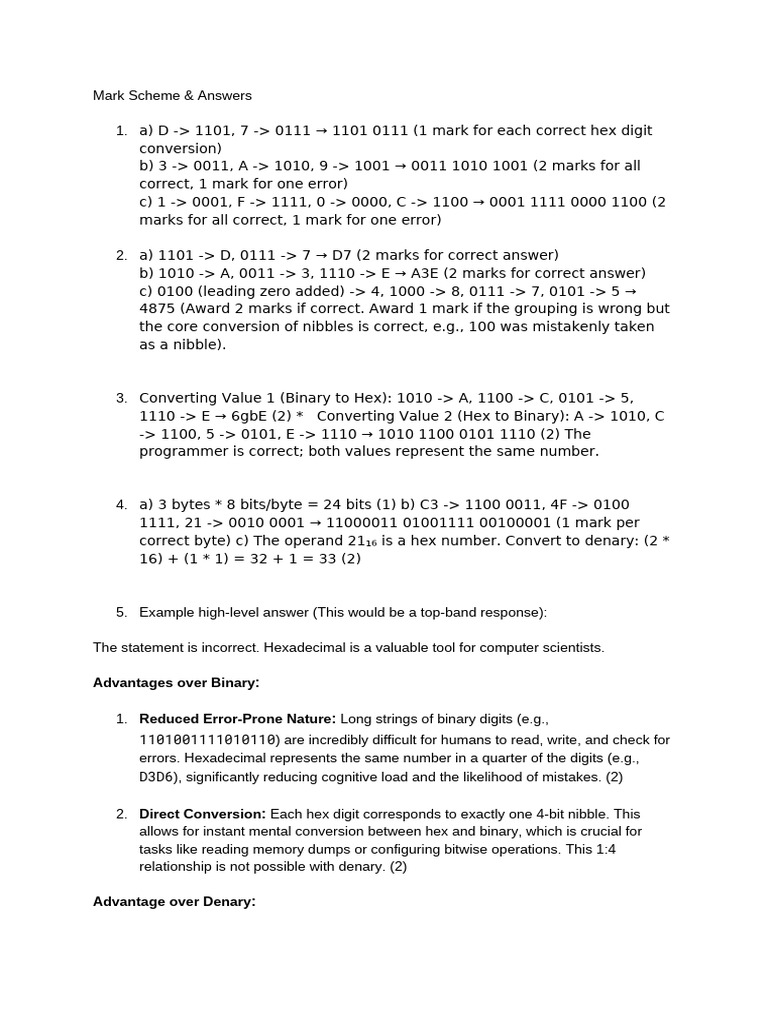1.4 Hexadecimal - Mark Scheme | PDF | Computer Engineering | Computing