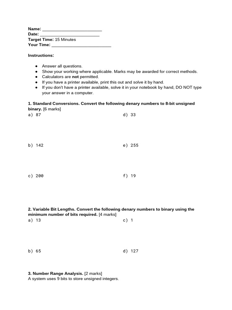 1 1 Binary And Denary Conversions Worksheet 1 Pdf