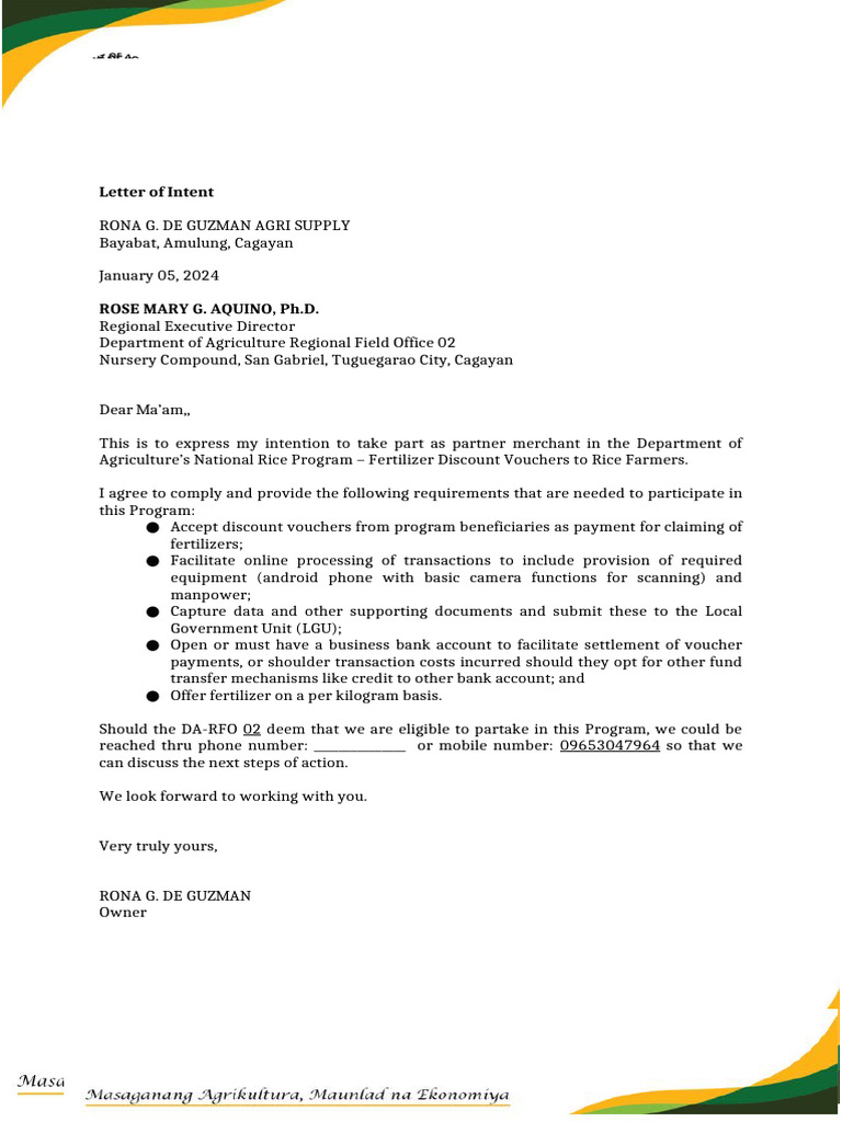 Letter of Intent for Fertilizer Program | PDF