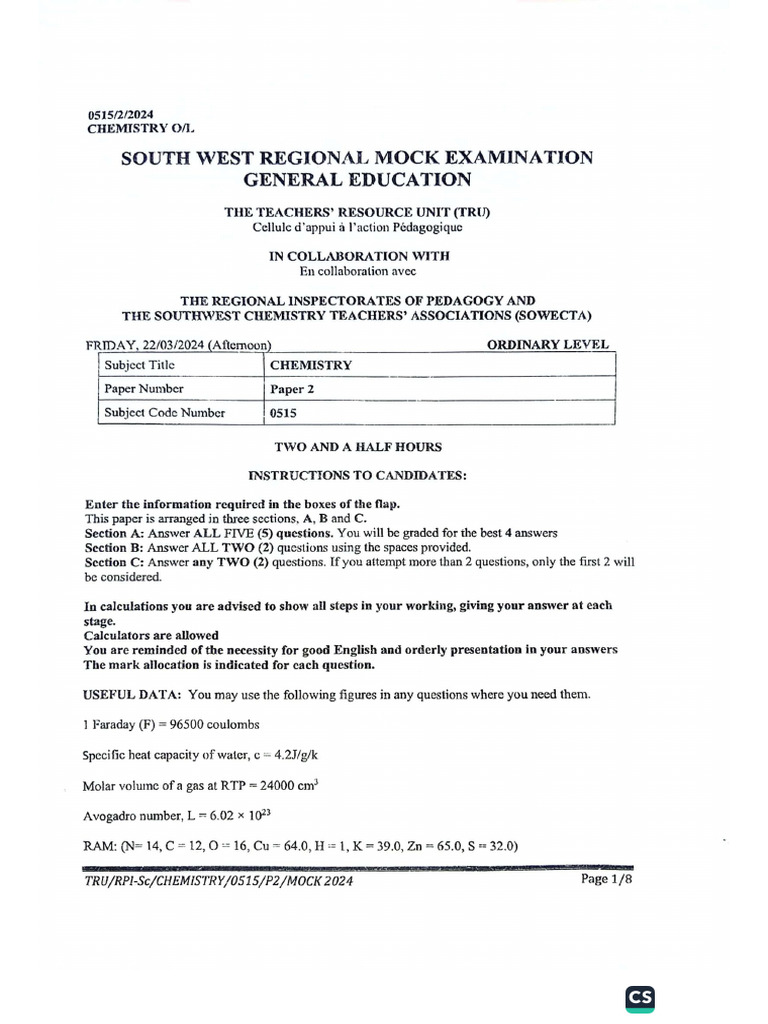 O Levels SW Mock Chem P2 2024 | PDF | Precipitation (Chemistry) | Aqueous Solution