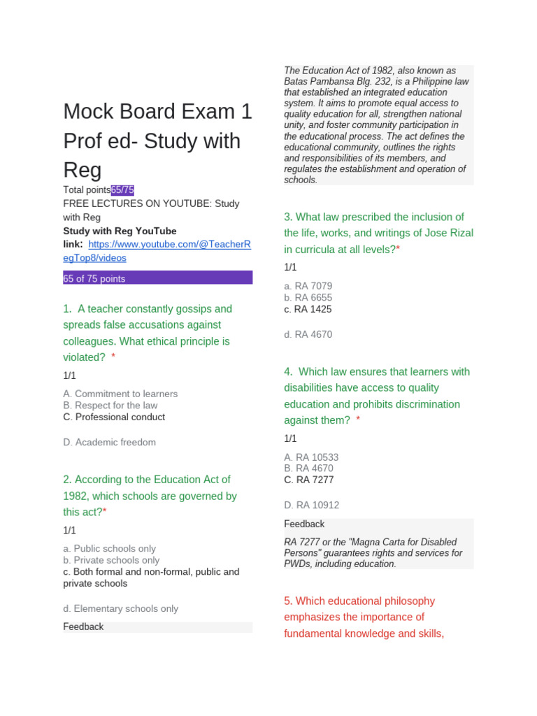 Mock Board Exam for Educators | PDF | Differentiated Instruction | Teachers