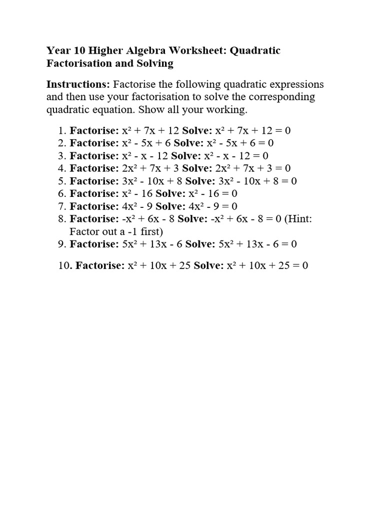Year 10 Higher Algebra Worksheet | PDF