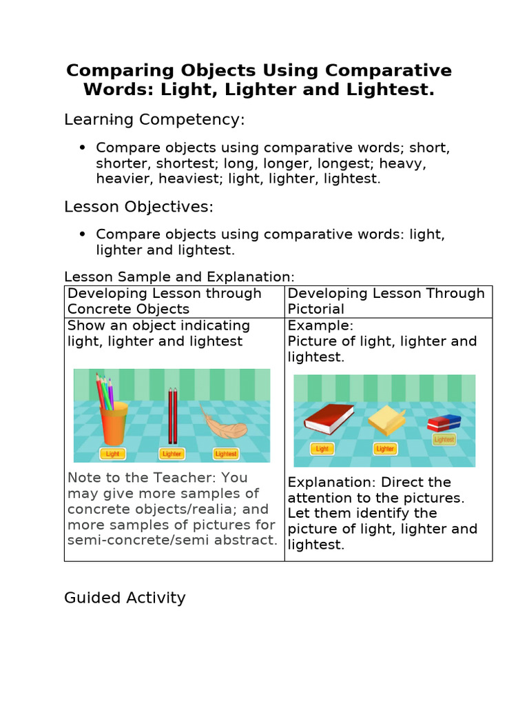 g1 - Compares Objects Using Comparative Words Light, Lighter, Lightest ...
