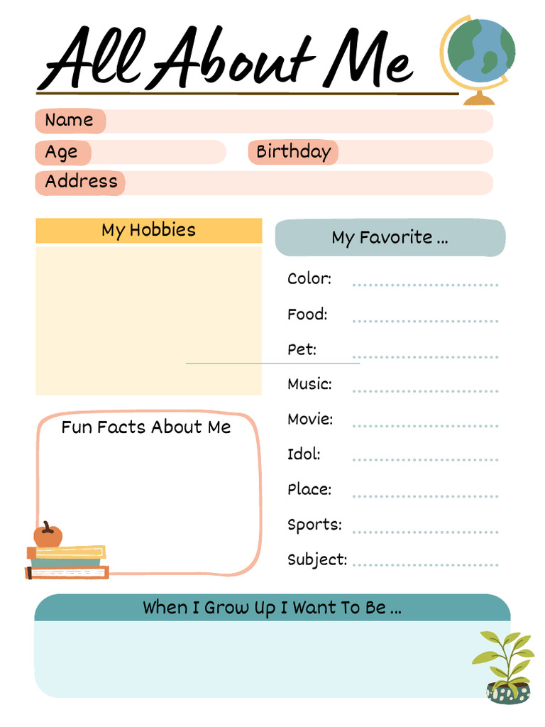 All About Me Portrait Poster in Blue Pink and Yellow Playful ...