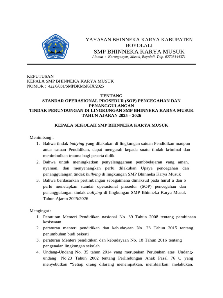 Sop Pencegahan Dan Penanganan Perundungan SMP BK 2025 | PDF