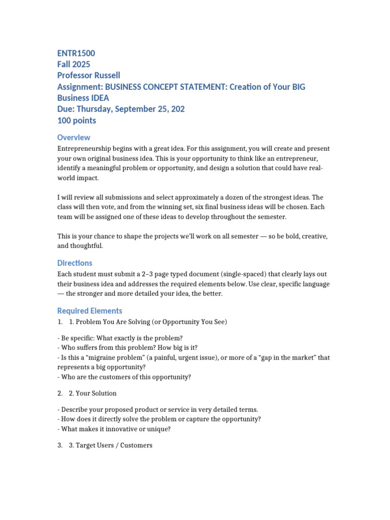Business Concept Statement Assignment | PDF | Entrepreneurship | Human ...