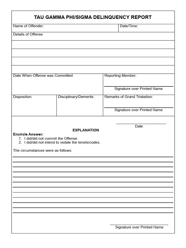 Tau Gamma Phi/Sigma Delinquency Report | PDF