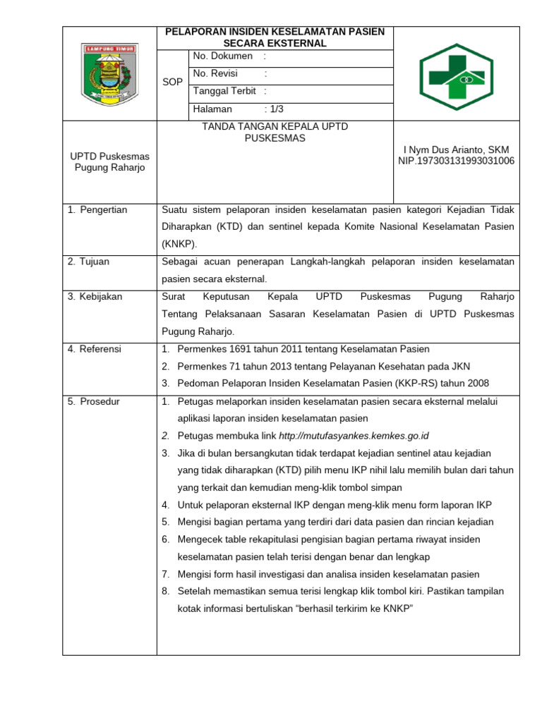 Prosedur Pelaporan Insiden Keselamatan Pasien | PDF