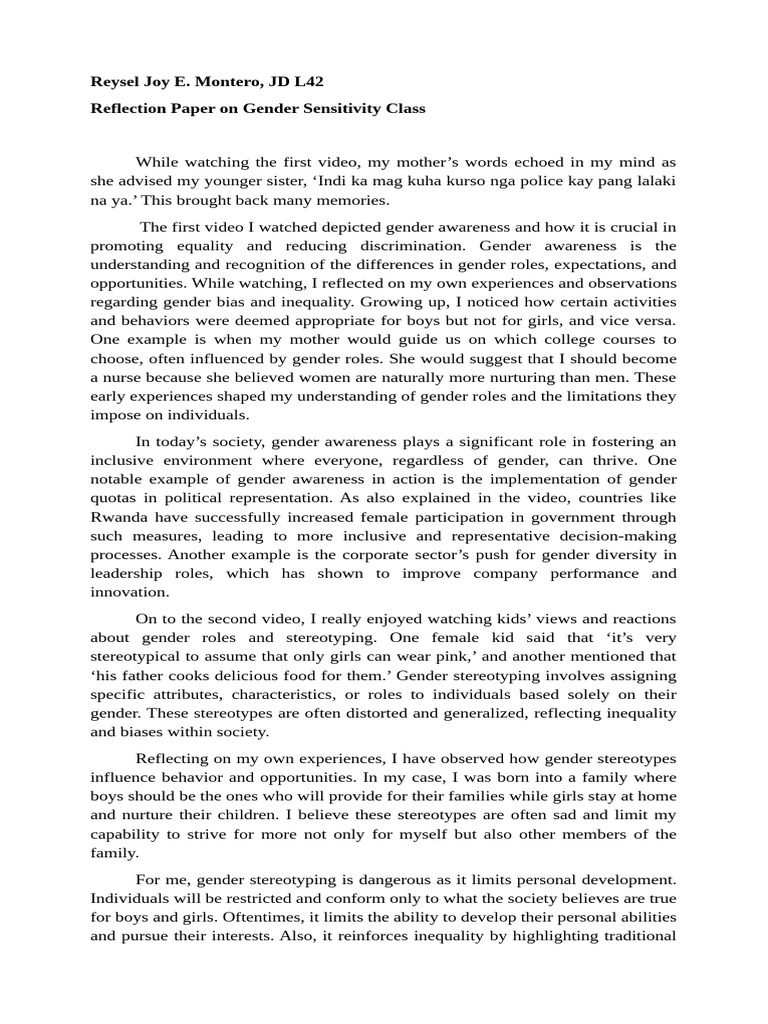 Reflection Paper - Gender Sensitivity | PDF | Gender Role | Gender Studies