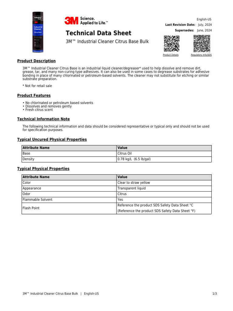 3M Citrus Base Industrial Cleaner Data | PDF | Safety | Adhesive