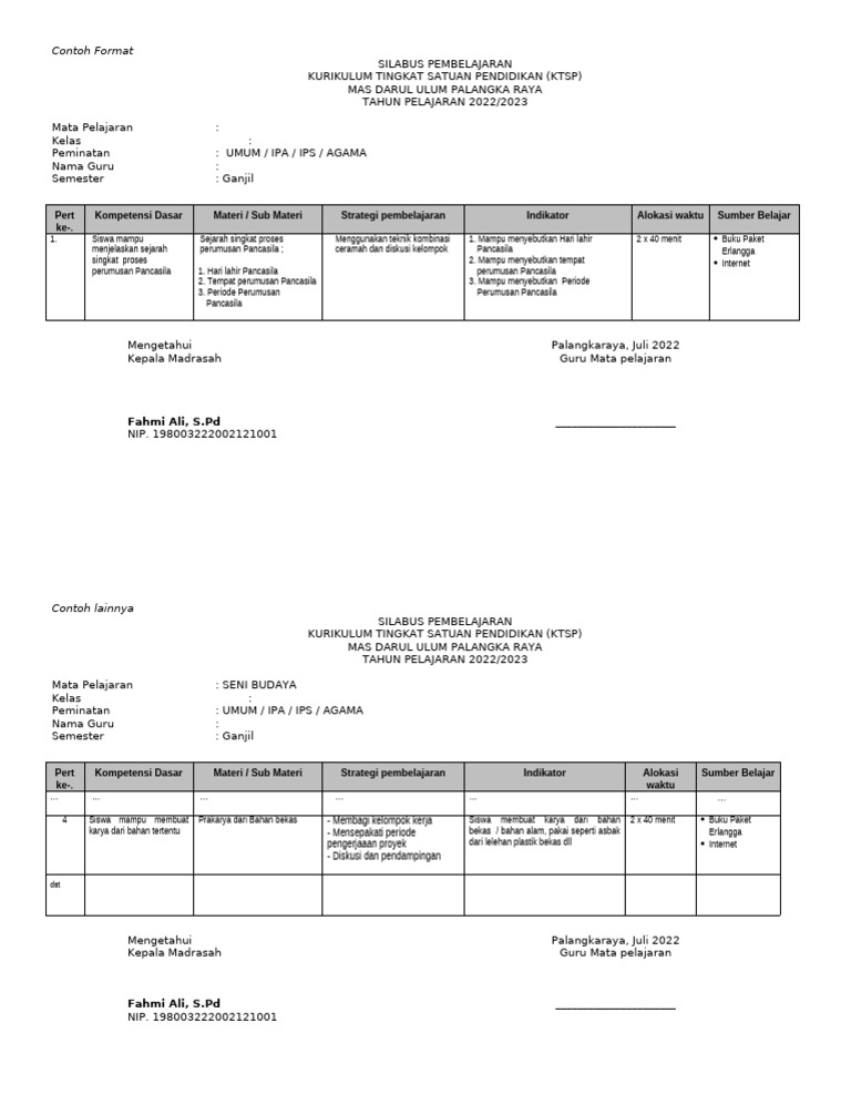 Silabus Pembelajaran KTSP 2022/2023 | PDF