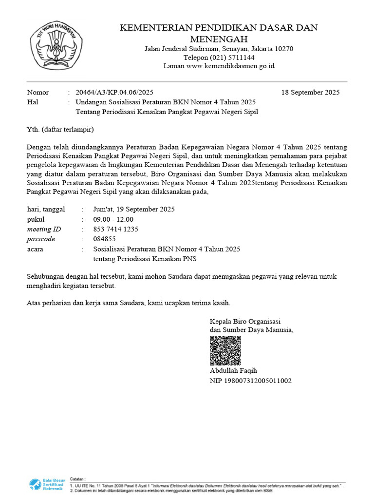 Surat Undangan Peserta Unit Pusat Sosialisasi Periodisasi KP PNS Peraturan BKN Nomor 4 Tahun 202 ...