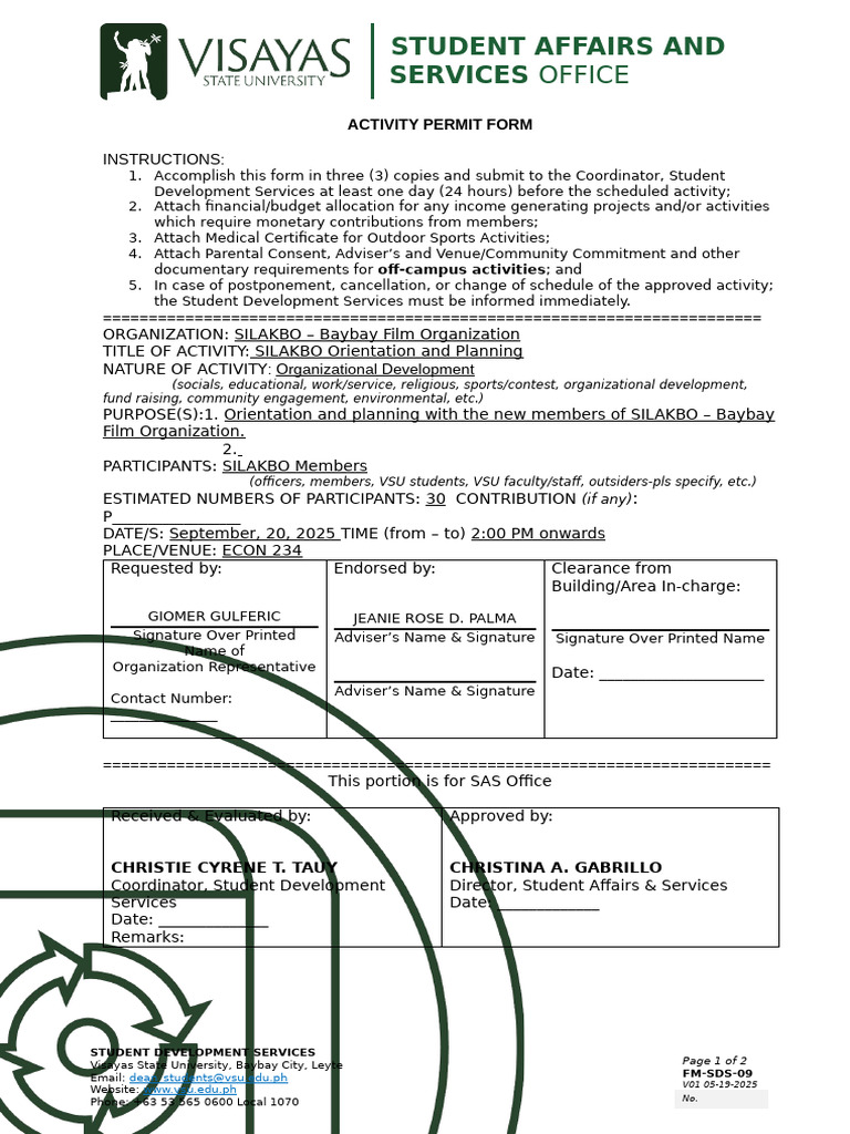 SILAKBO Orientation Activity Permit Form | PDF