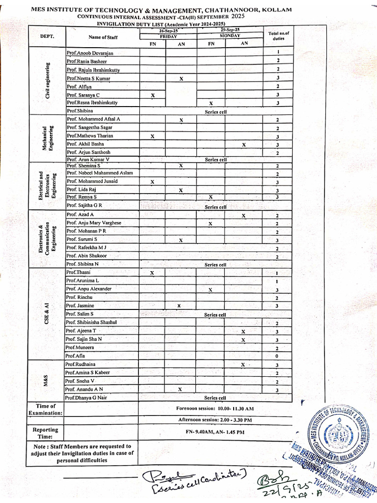 Invigilation Duty List Series Exam | PDF