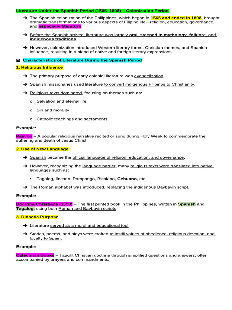 Literature Under The Spanish Period | PDF | Philippines | Tagalog Language