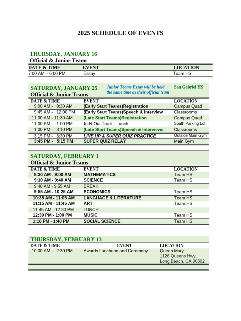 2025 Schedule of Events | PDF