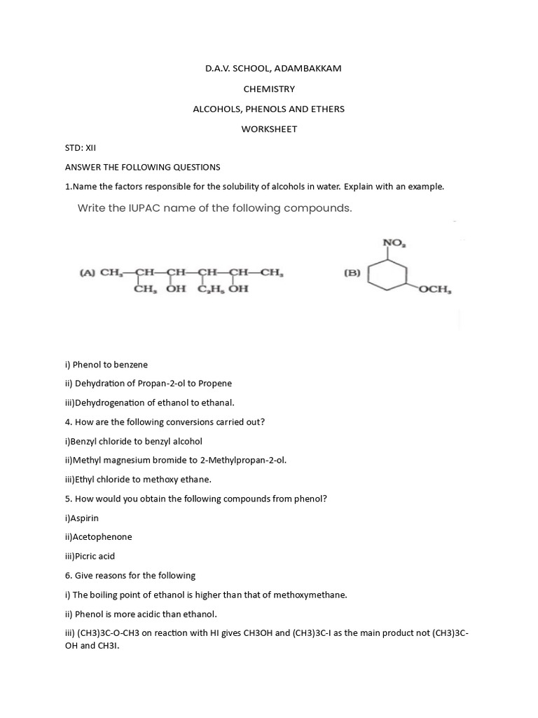 Alcohol, Phenol and Ethers Worksheet | PDF