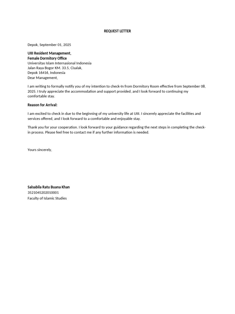 Check in Request Letter | PDF